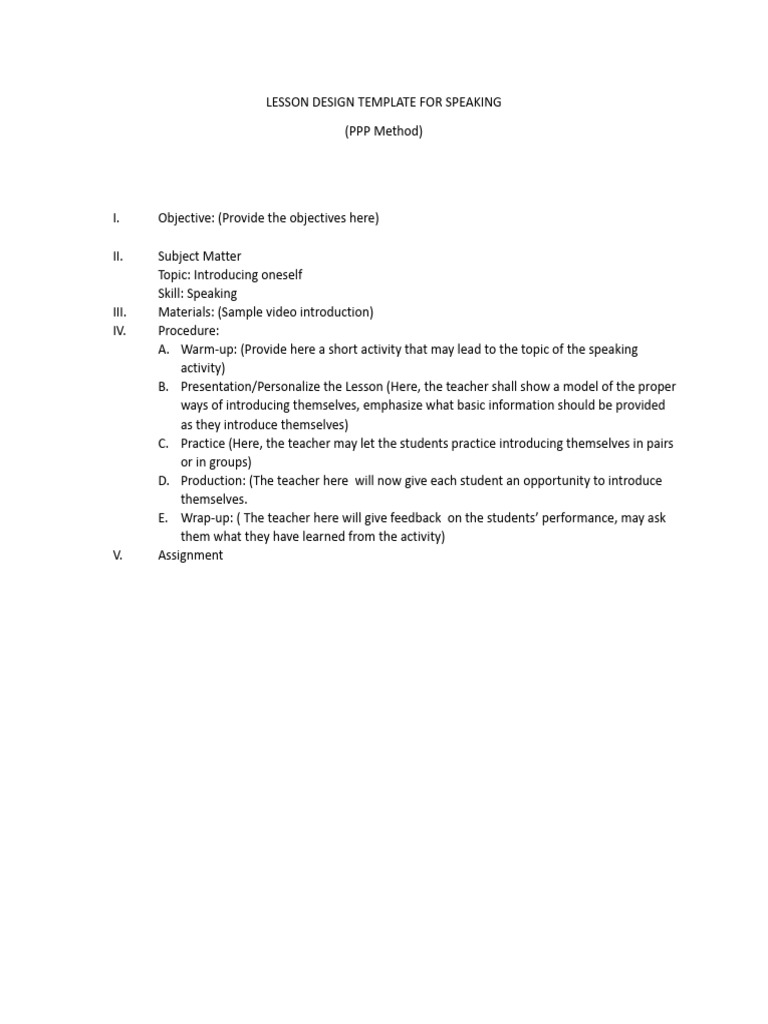 Lesson Design Template For Speaking (PPP Method) | PDF
