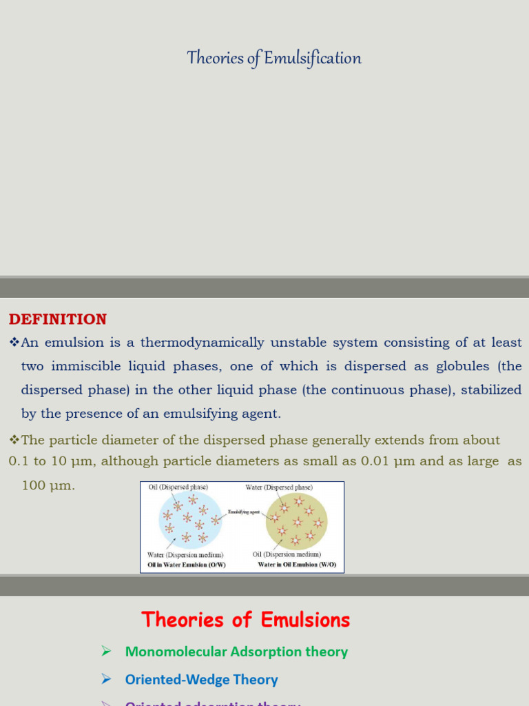 Theories of Emulsification 1 | PDF | Emulsion | Phase (Matter)