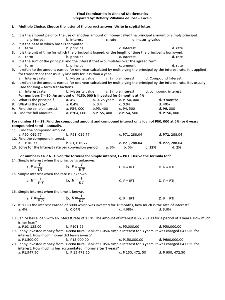 Final Examination in General Mathematics | PDF | Interest | Compound Interest