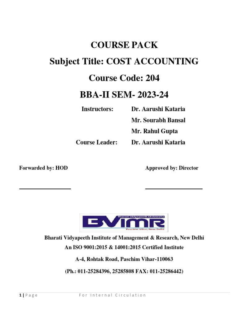 Course Pack - Cost Accounting Bba 2 (1) - Revised - 5th Jan 2024 | PDF | Cost Accounting ...