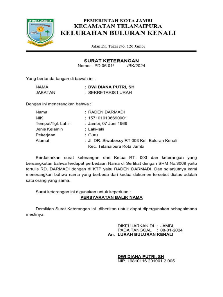 Surat Keterangan Beda Nama - Raden Darmadi - Kelurahan Buluran Kenali ...