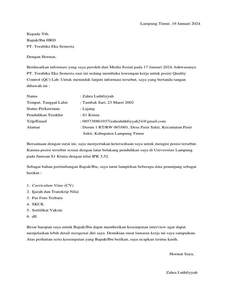 Surat Lamaran Kerja Quality Control | PDF