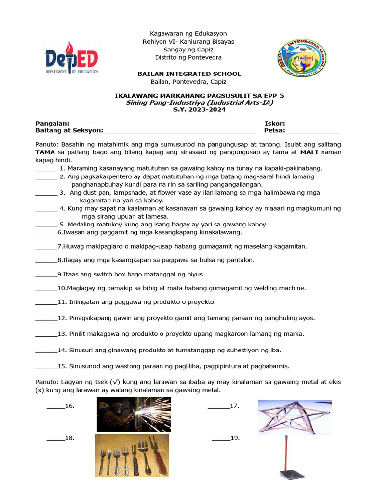 Ikatlong Markahang Pagsusulit Sa EPP 5-Industrial Arts (Sining Pang ...