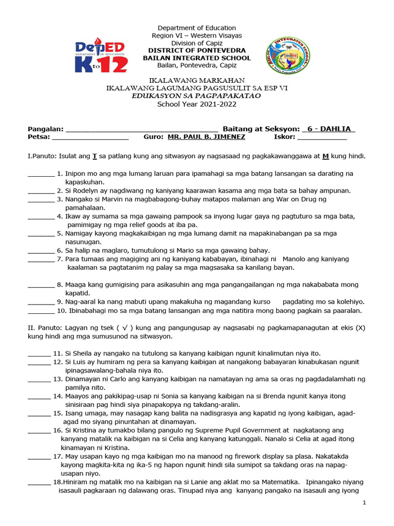 ST 2 Gr.6 - q2 Esp With Tos School Year 2022 2023 | PDF