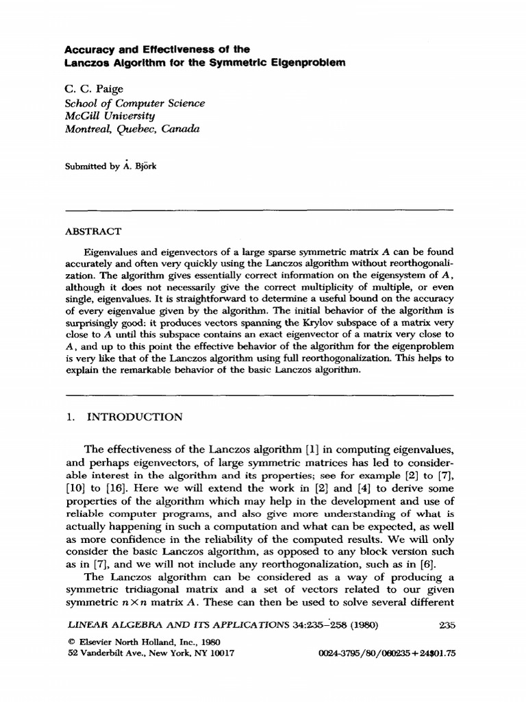 Accuracy and Effectiveness of The Lanczos Algorithm For The Symmetric Elgenproblem | PDF ...