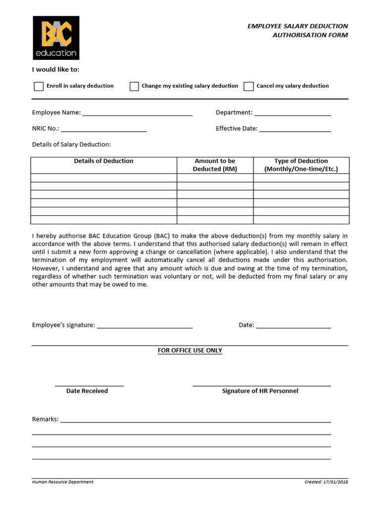 Salary Deduction Authorization Form | PDF | Finance & Money Management