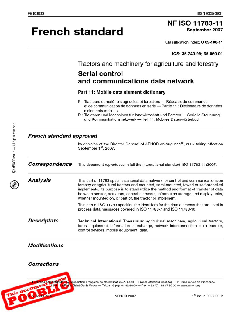 French Standard: NF ISO 11783-11 | PDF | International Organization For Standardization | Osi Model