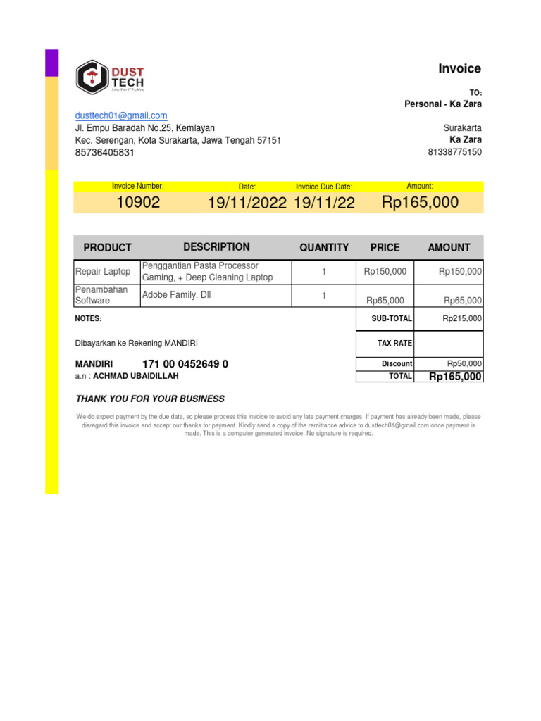 Invoice To Ka Zara Repair Laptop & Install Program Adobe Family 19-11 ...