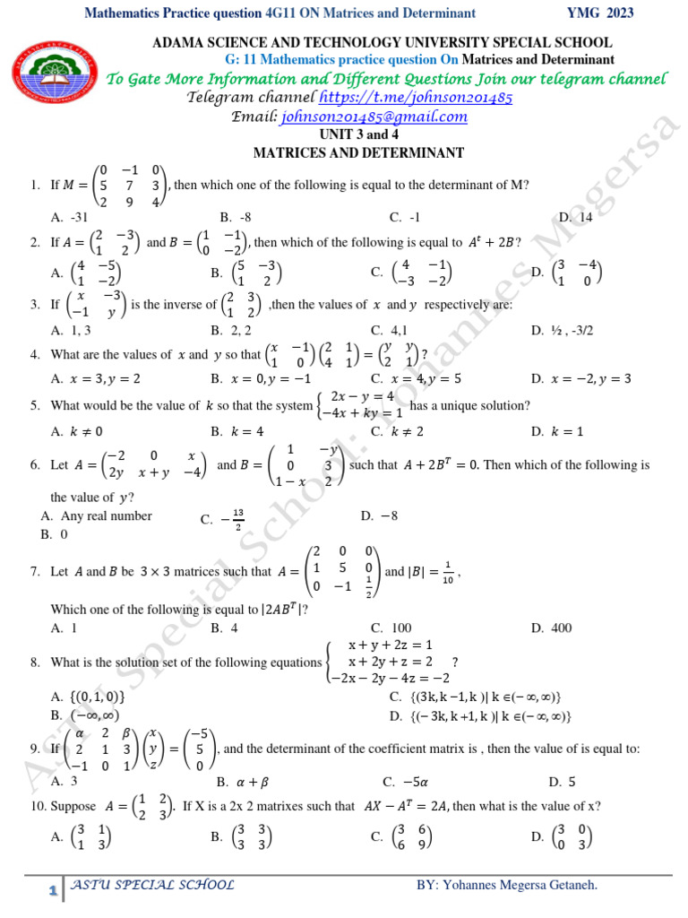Mathematics Practice Question, UNIT FIVE | PDF | Matrix (Mathematics ...