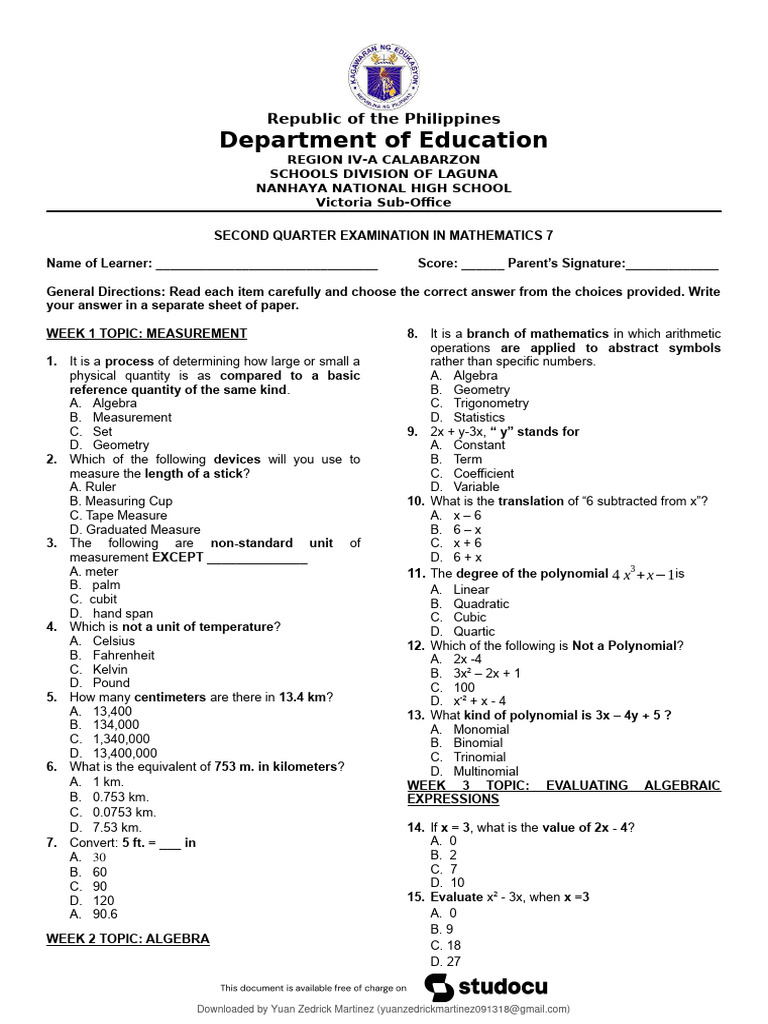 MATH 7 2ND Quarter TEST - EXAMINATION | PDF | Equations | Mathematics
