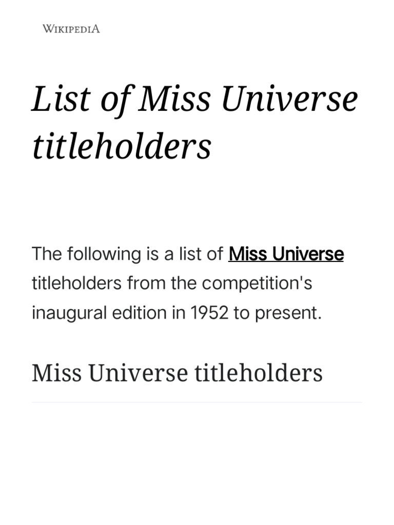 List of Miss Universe Titleholders - Wikipedia | PDF