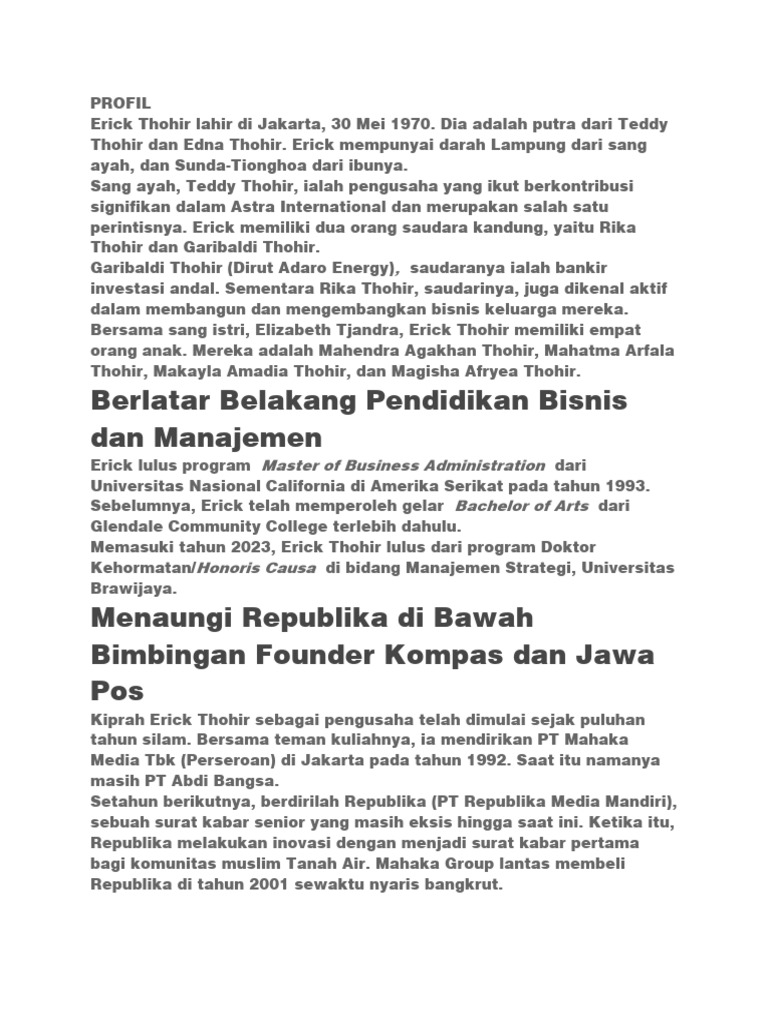 Profil Lengkap Erick Thohir | PDF | Perjalanan