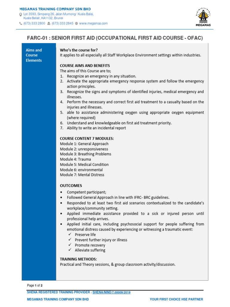 FARC-01 - Senior First Aid (Occupational First Aid Course OFAC) | PDF ...
