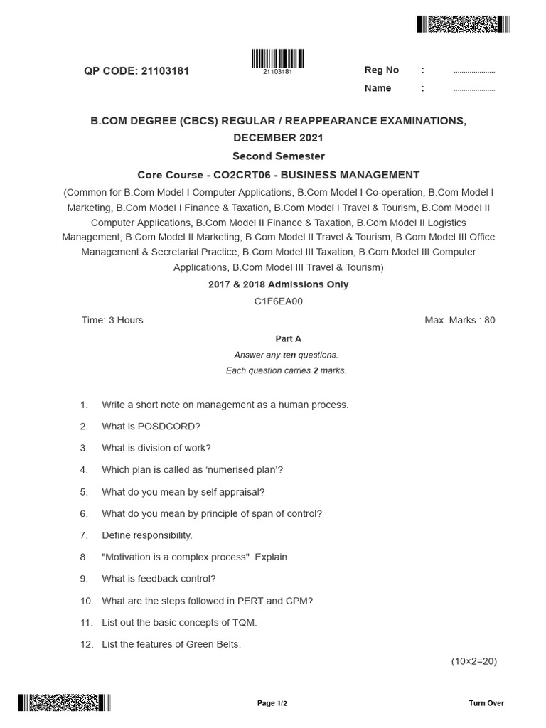 Bcom 2 Sem Business Management 21103181 Dec 2021 | PDF | Cognition | Systems Science