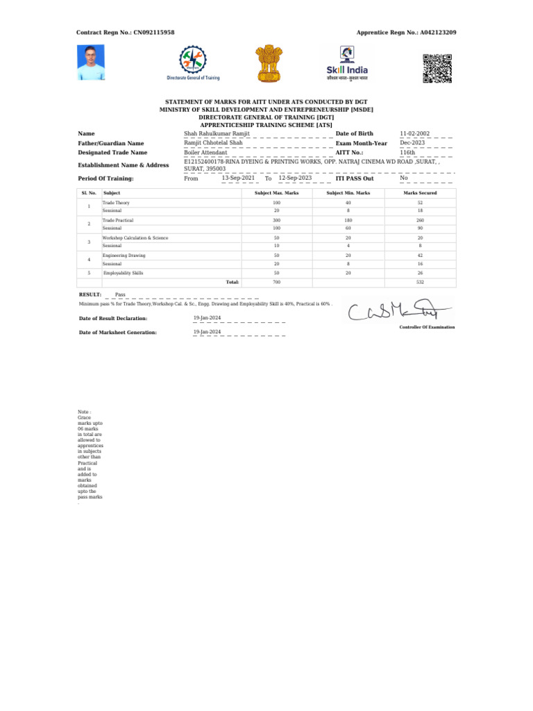 Sl. No. Subject Subject Max. Marks Subject Min. Marks Marks Secured | PDF