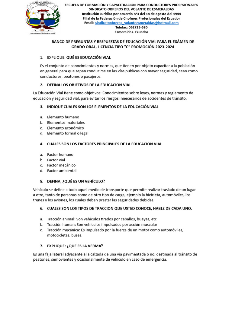 Banco de Preguntas y Respuestas de Educación Vial | PDF Banco de Preguntas y Respuestas de Educación Vial | PDF