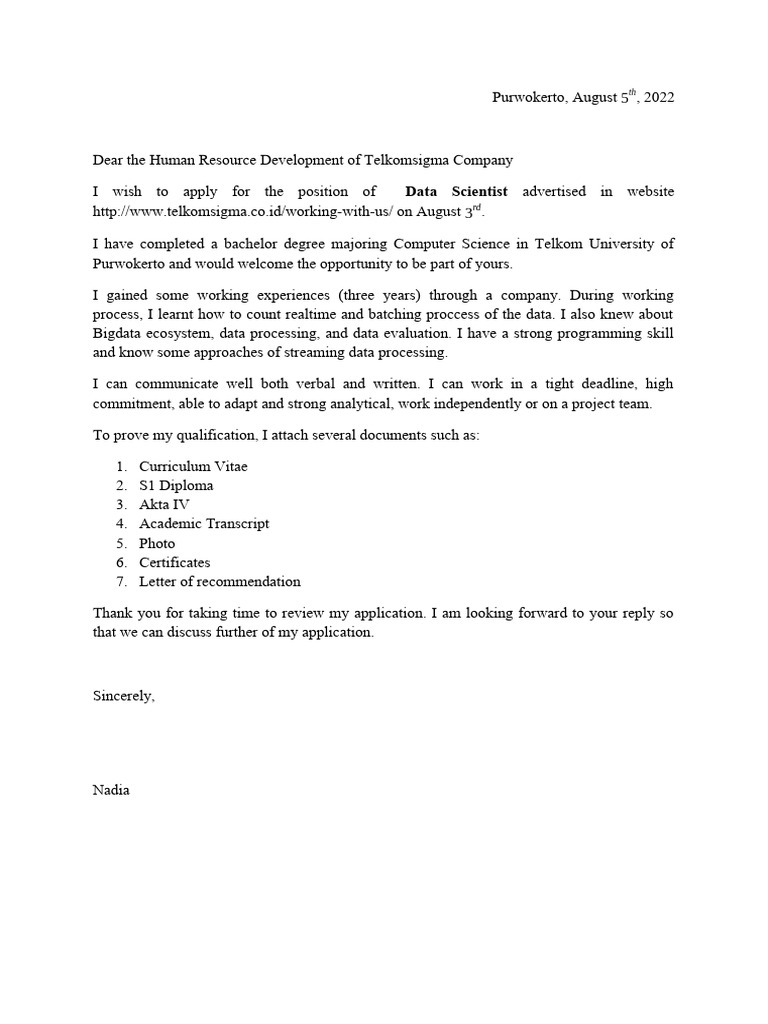 Application Letter Nadia | PDF