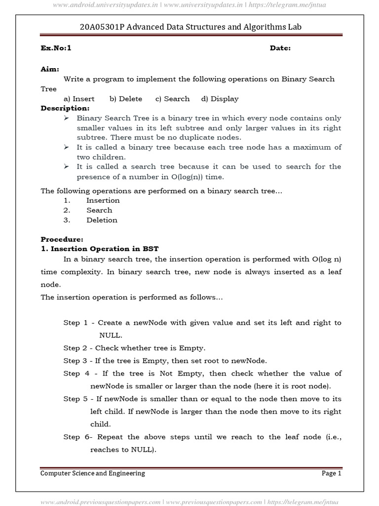 JNTUA Advanced Data Structures and Algorithms Lab Manual R20 | PDF ... JNTUA Advanced Data Structures and Algorithms Lab Manual R20 | PDF ...