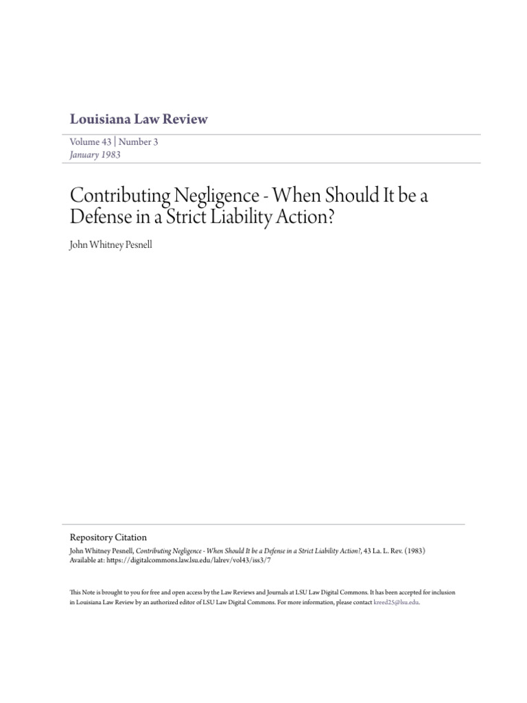 Contributing Negligence - When Should It Be A Defense in A Strict | PDF ...