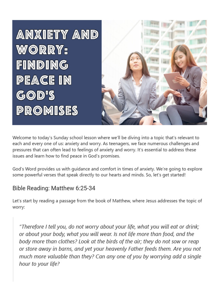 Anxiety and Worry - Finding Peace in God - S Promises Matthew 6 - 25-34 Youth Group Lesson ...