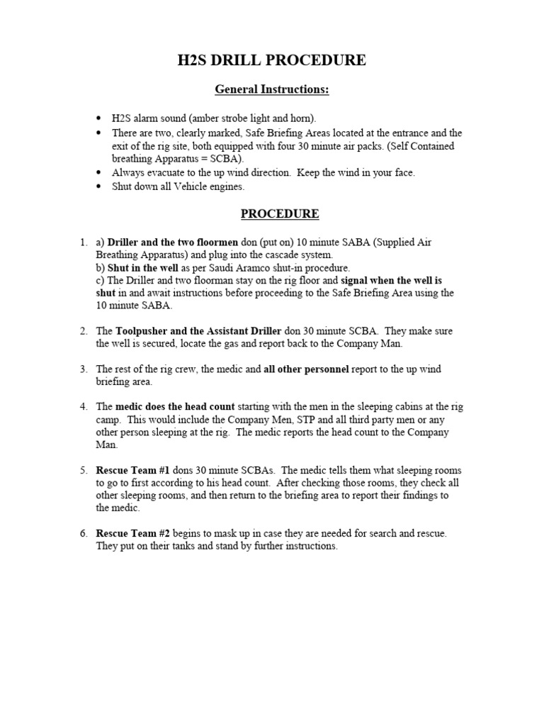 h2s Drill Procedures PDF Free | PDF