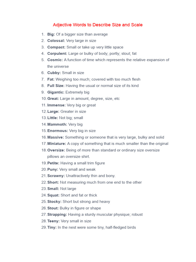 Adjective Words To Describe Size and Scale | PDF