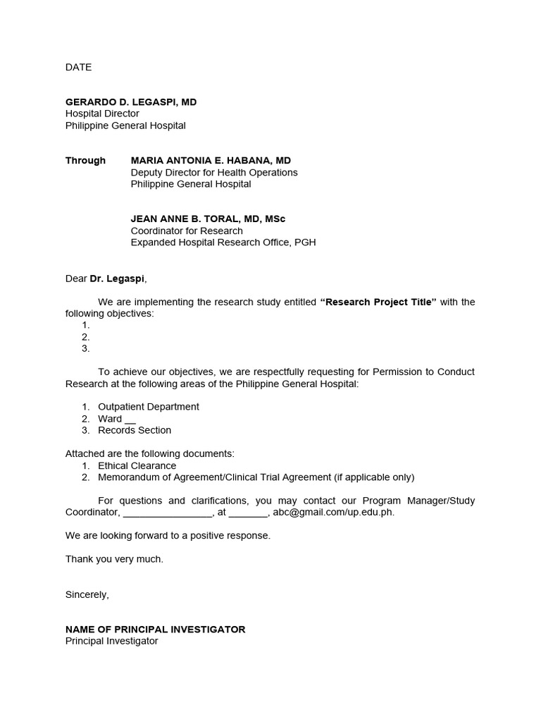 Sample Letter To Request For A Permit To Conduct Research in PGH | PDF
