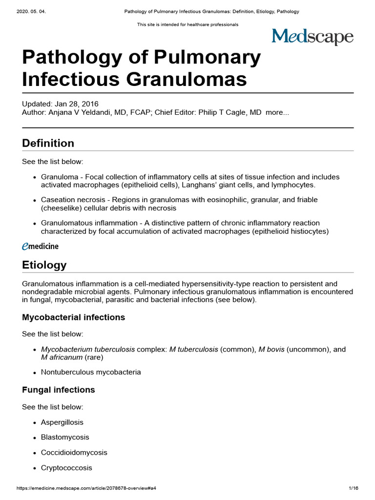 Pathology of Pulmonary Infectious Granulomas - Definition, Etiology ...