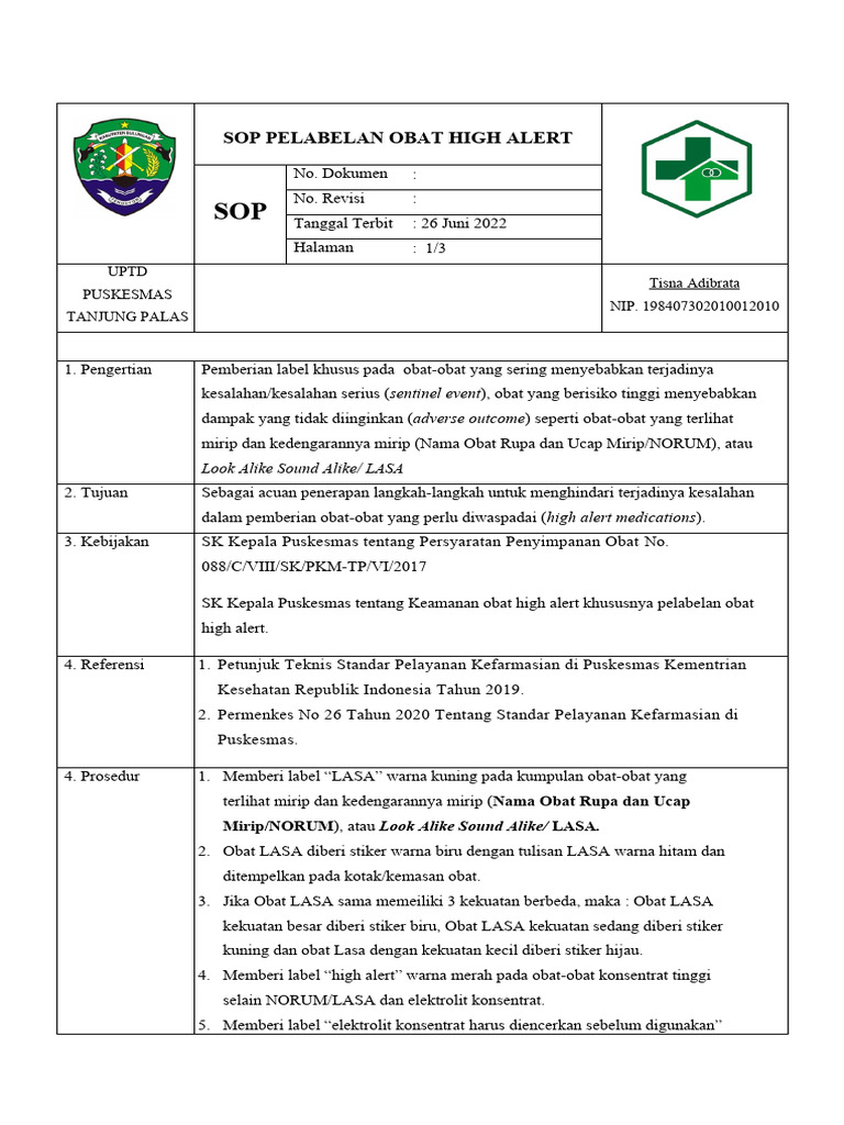 SOP Pelabelan Obat High Alert | PDF | Pengembangan Diri | Kesehatan ...