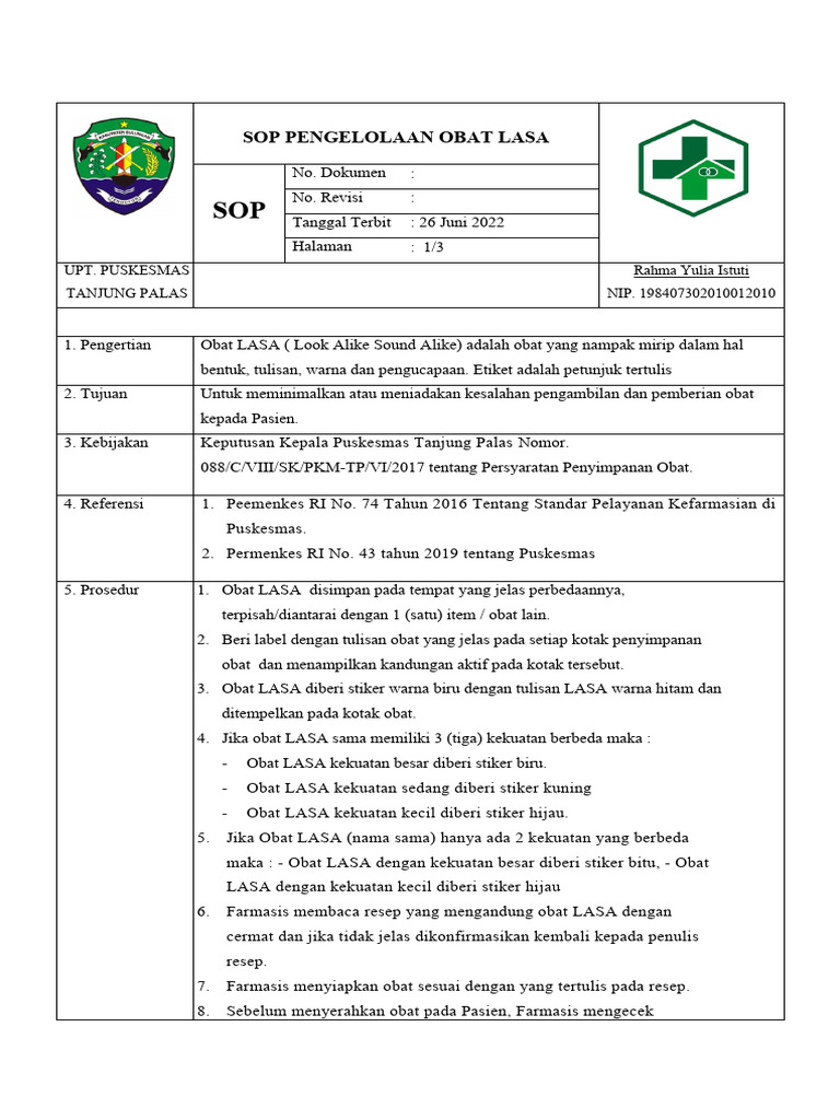SOP Pengelolaan Obat LASA | PDF