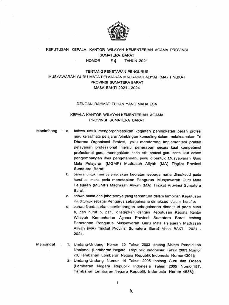 SK MGMP MA Tk. Provinsi Sumbar Tahun 2021-2024 | PDF