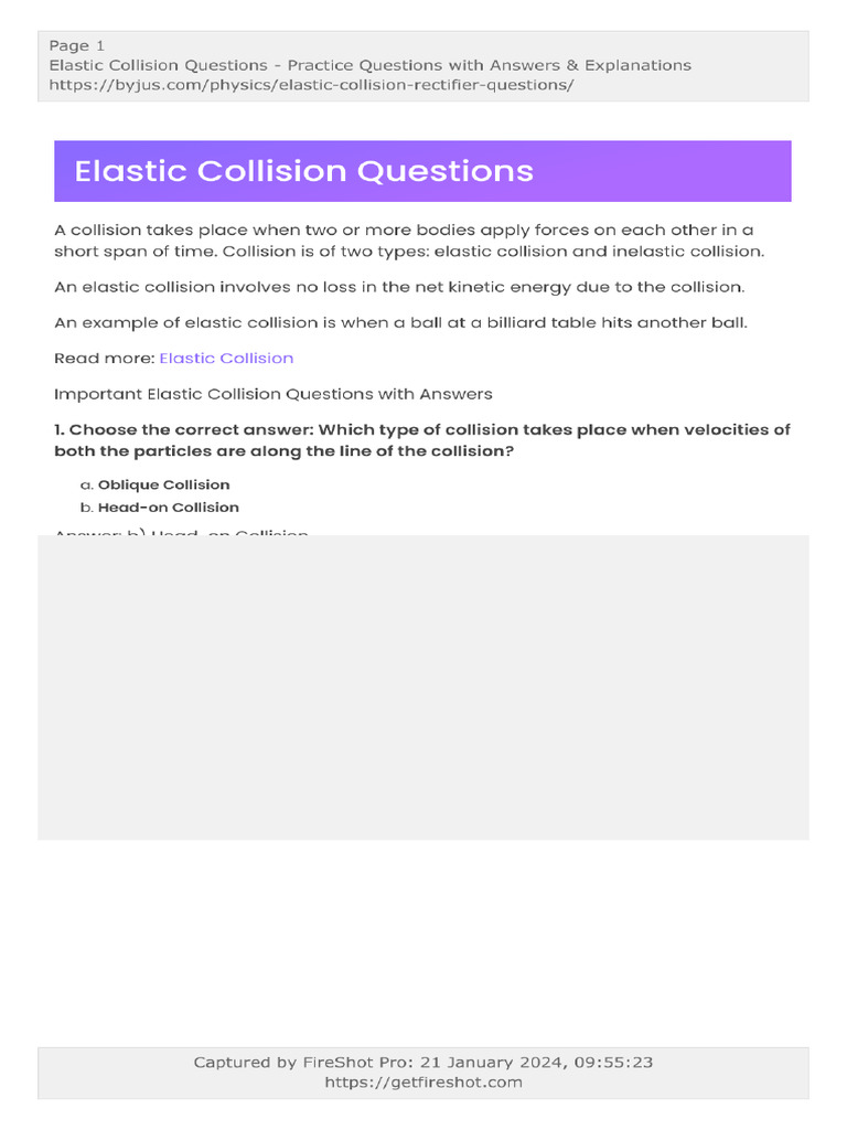 Elastic Collision Questions and Answers | PDF | Collision | Momentum