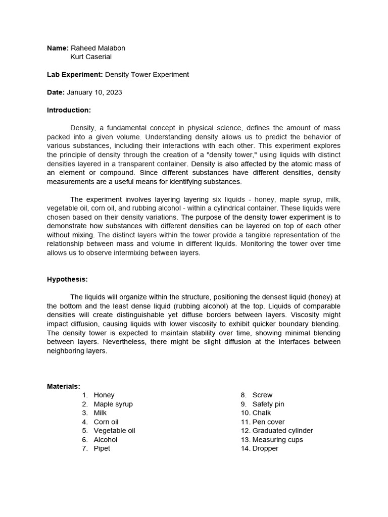 Density Tower Experiment | PDF | Density | Liquids