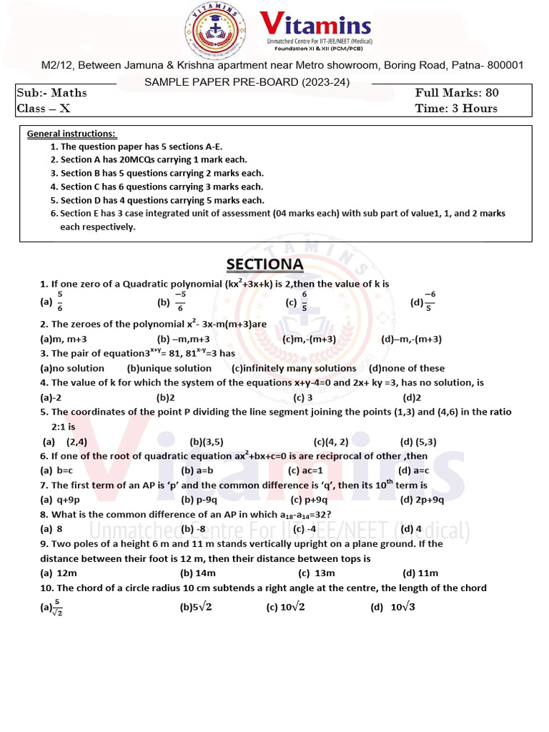 Model Sample Question Paper For Class 10th Board Exam 2023-24 | PDF