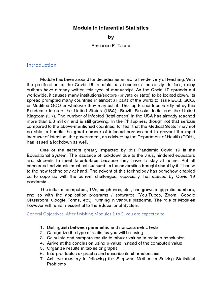 Module in Inferential Statistics With Additional Exercises Edited Until August 2022 by Tats2020 ...