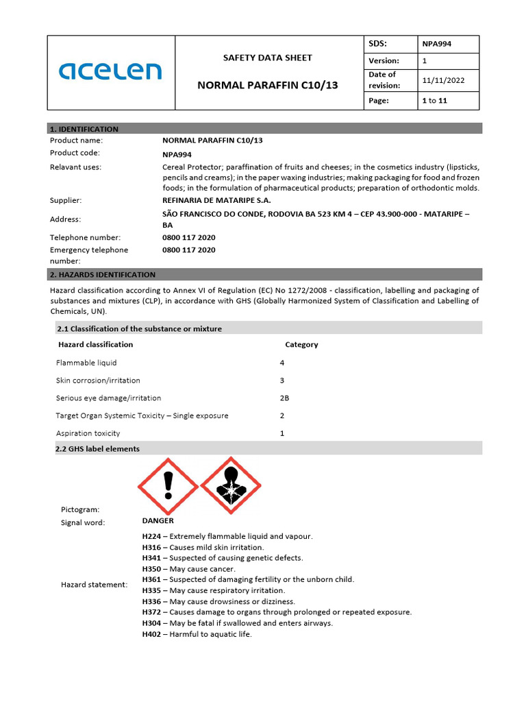 Normal Paraffin C10/13 Safety Data Sheet | PDF | Dangerous Goods | Toxicity
