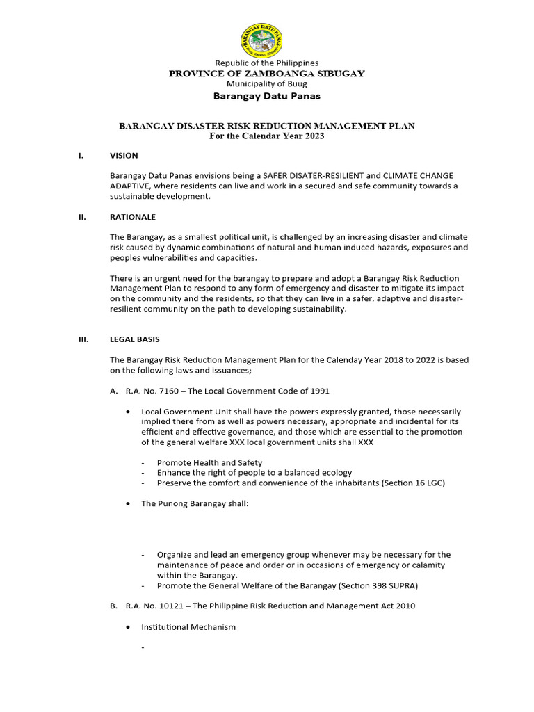 Barangay Datu Panas DRRM Plan 2023 | PDF | Disaster Risk Reduction | Risk