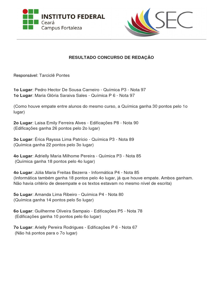Sec Resultado Concurso de Redacao | PDF