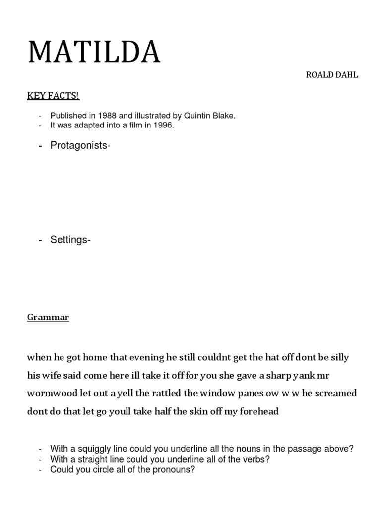 Matilda: Key Facts and Vocabulary | PDF | Language Arts & Discipline ...