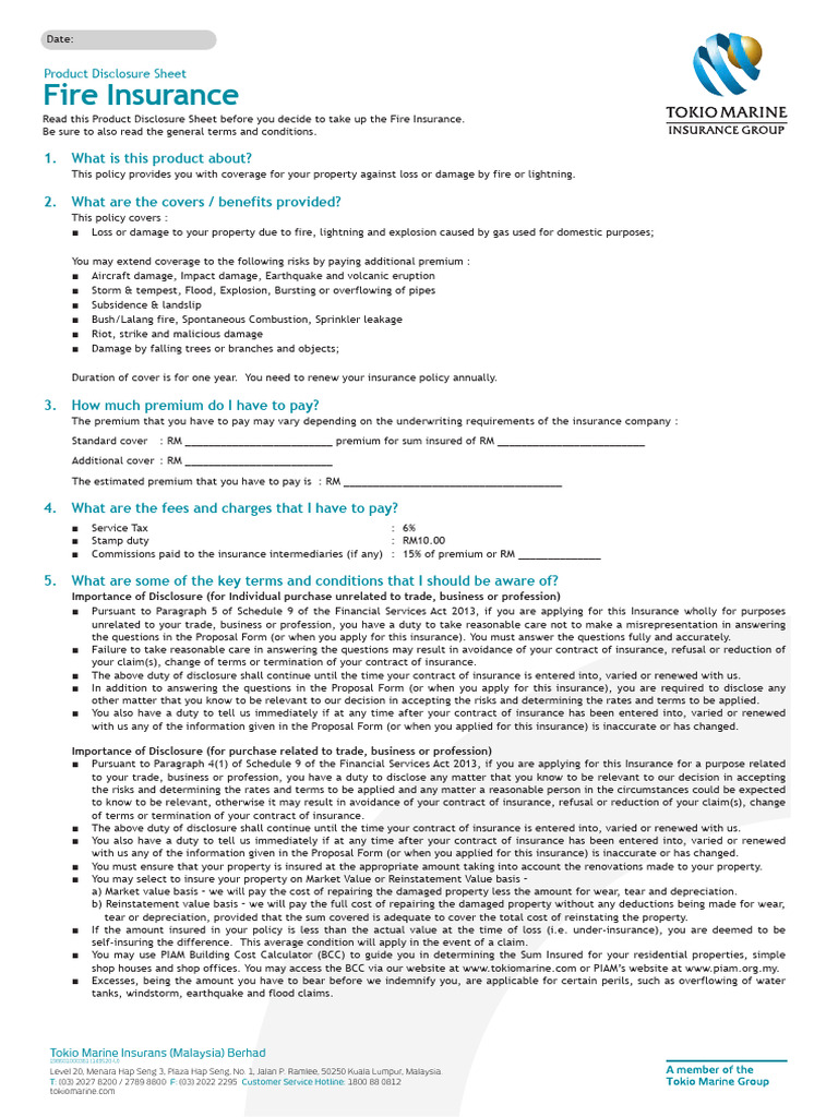 Fire Insurance - Product Disclosure Sheet | PDF | Insurance | Business Law