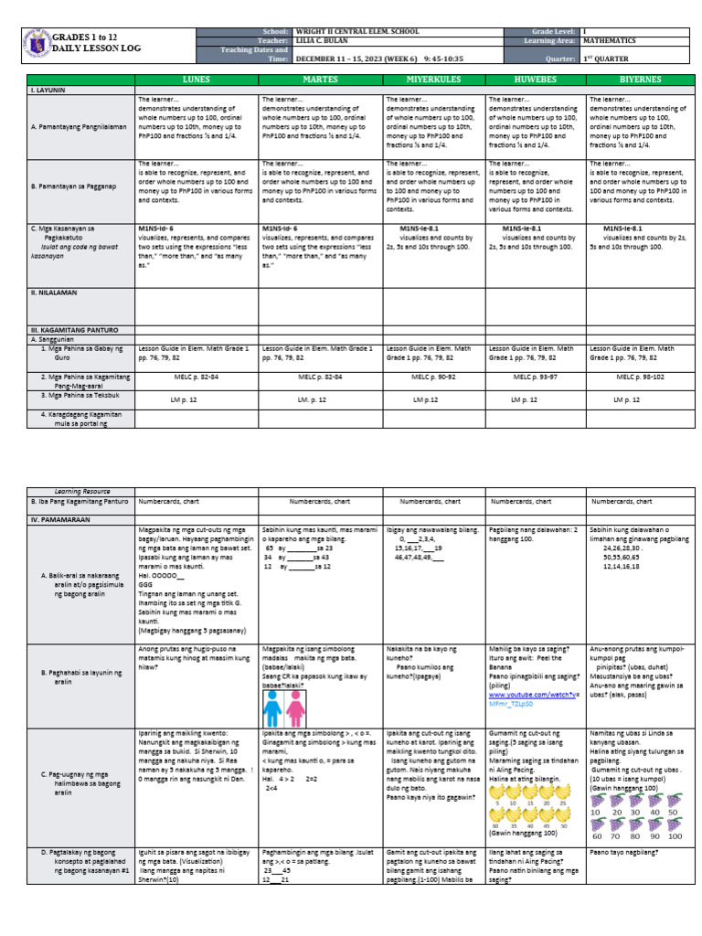 DLL - Mathematics 1 - Q1 - W6 | PDF | Cognitive Science | Behaviorism