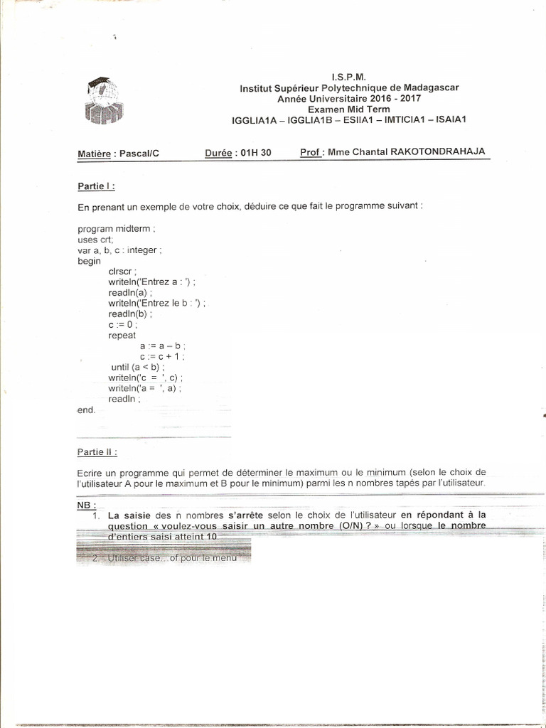 Turbo Pascal - Sujets-Types - ESIIA1 | PDF