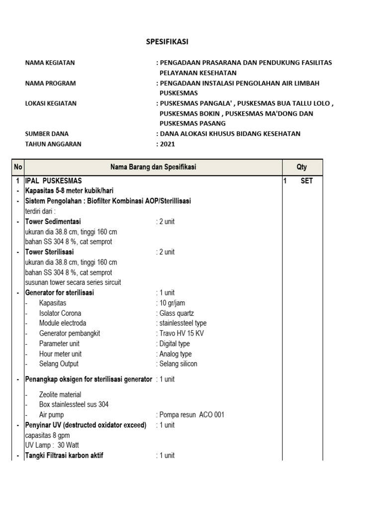 Spesifikasi IPAL Puskesmas | PDF | Griya & Taman