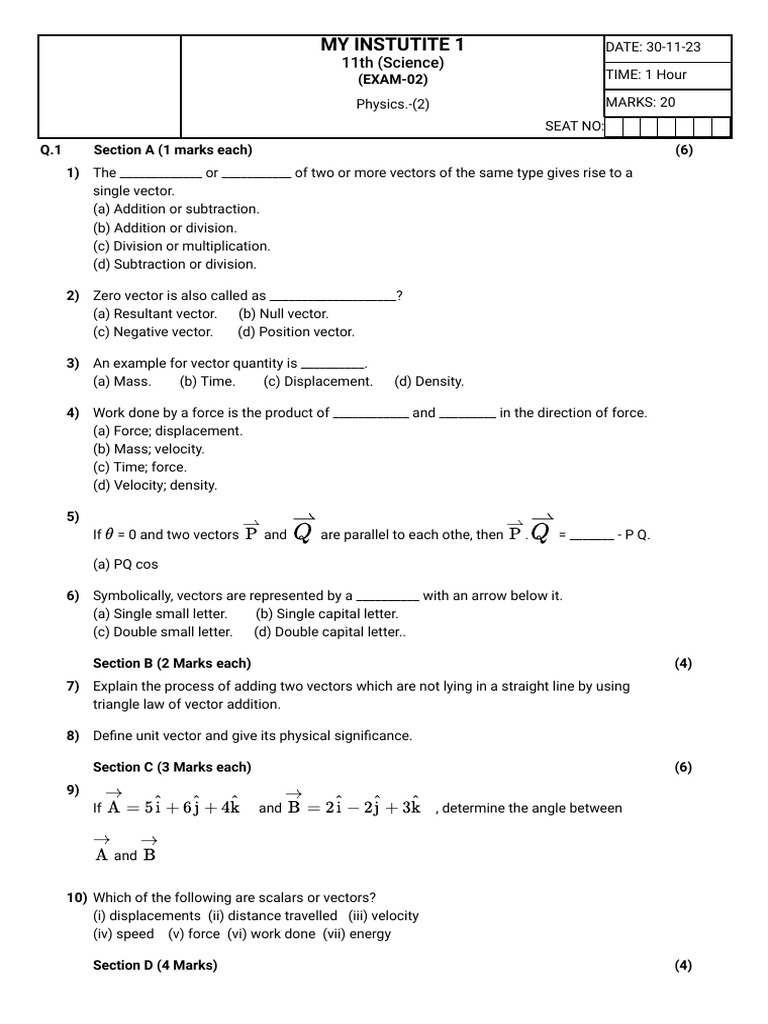 (XI SCI.; PHYSICS) (CH-2; QP) | PDF | Euclidean Vector | Force