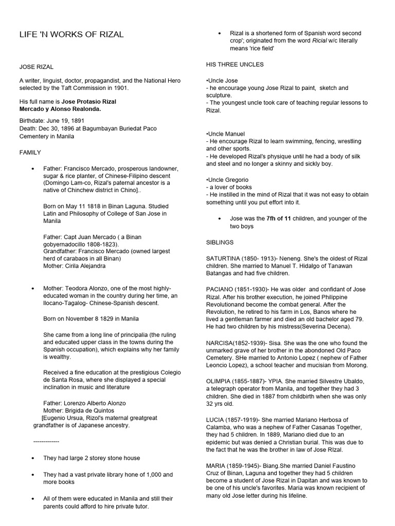 JOSE RIZAL Notes Midterm | PDF | History