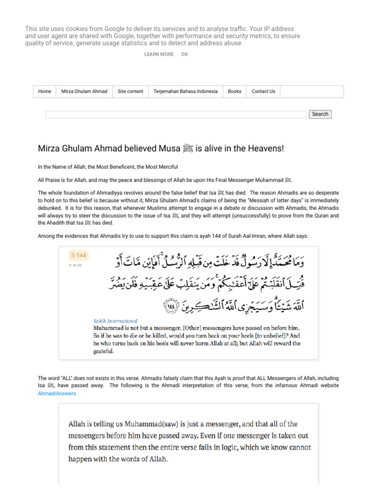 Ex-Ahmadi - Mirza Ghulam Ahmad Believed Musa Pbuh Is Alive in The Heavens 5 | PDF | Prophets And ...