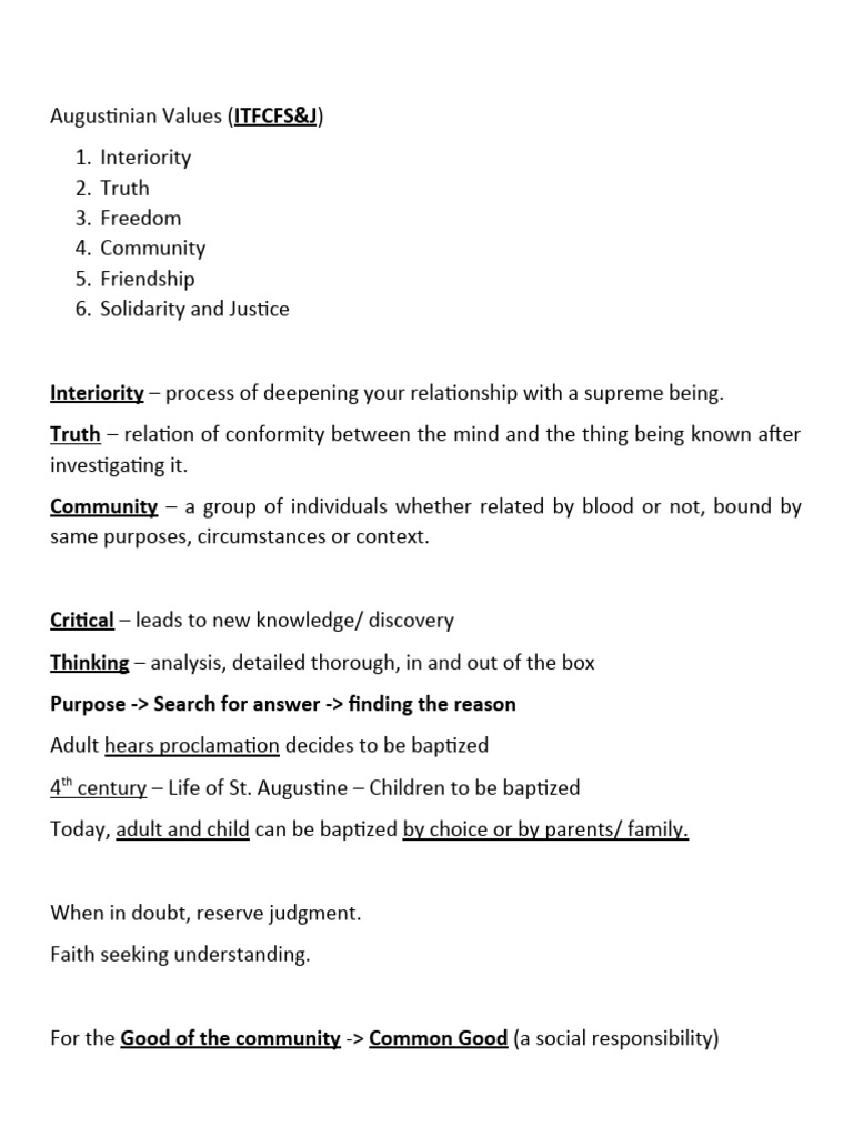 Religious Education For College - Augustinian Values | PDF | Faith ...