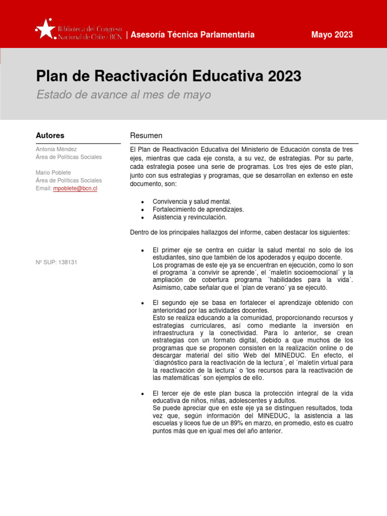 BCN Plan Reactivacion Educativa Avance Mayo 2023 Final | PDF ...