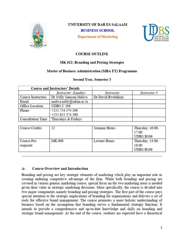Mk 612 2022-23 Mba Fultime Course Outline | PDF | Marketing | Pricing