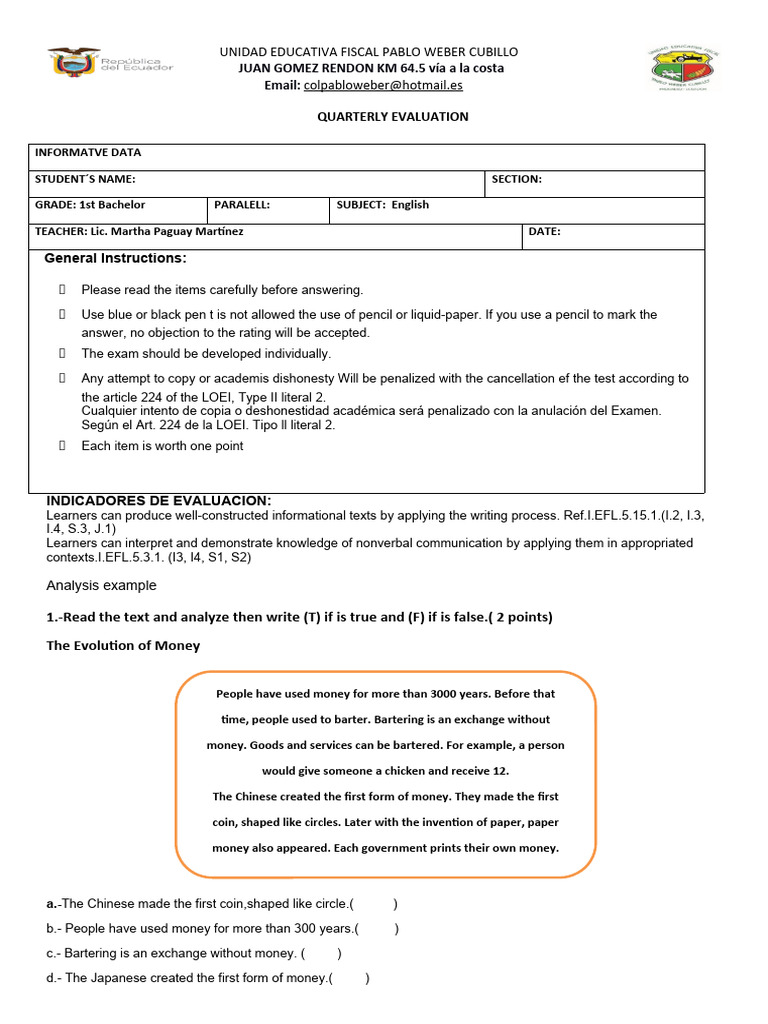 English Quarterly Evaluation Guide | PDF | Money | Learning